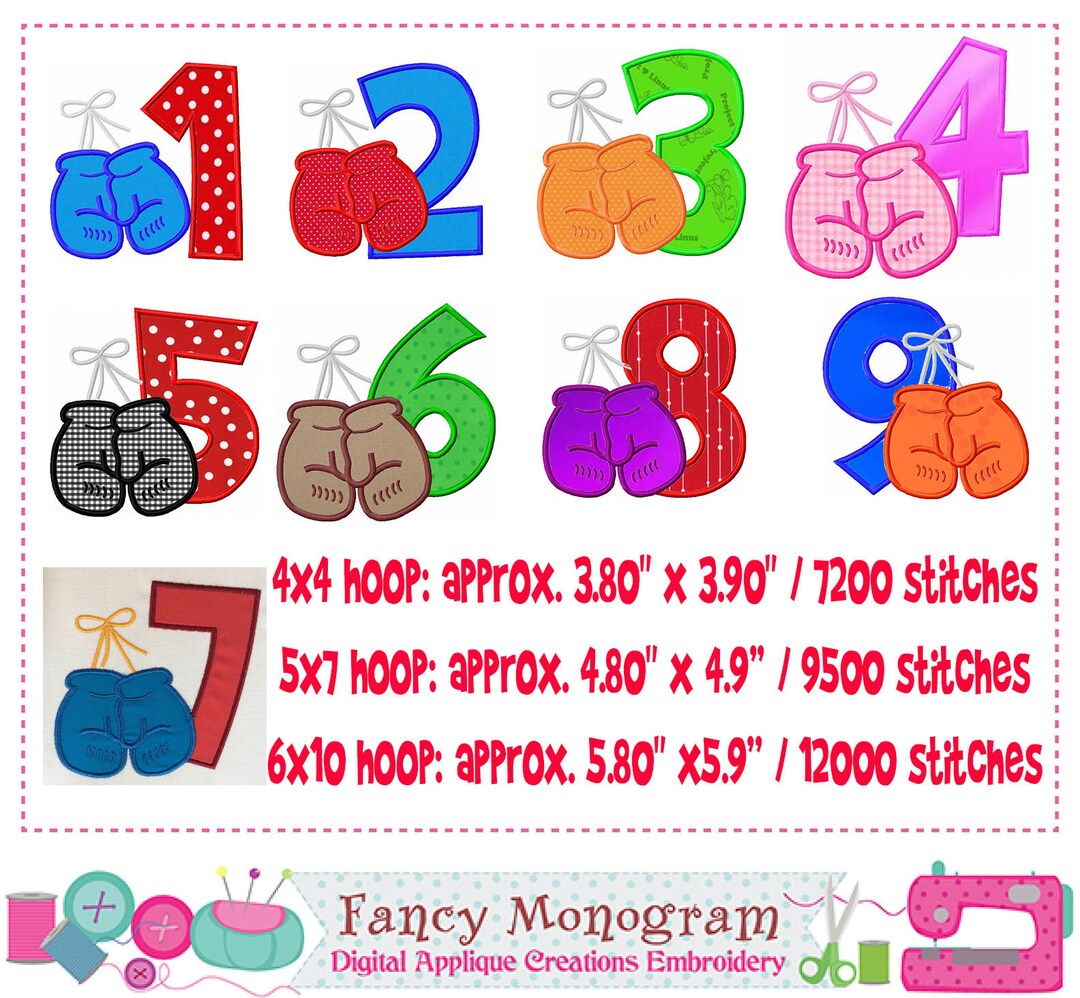 Boxing Glove Applique Design With Machine Embroidered Numbers ...