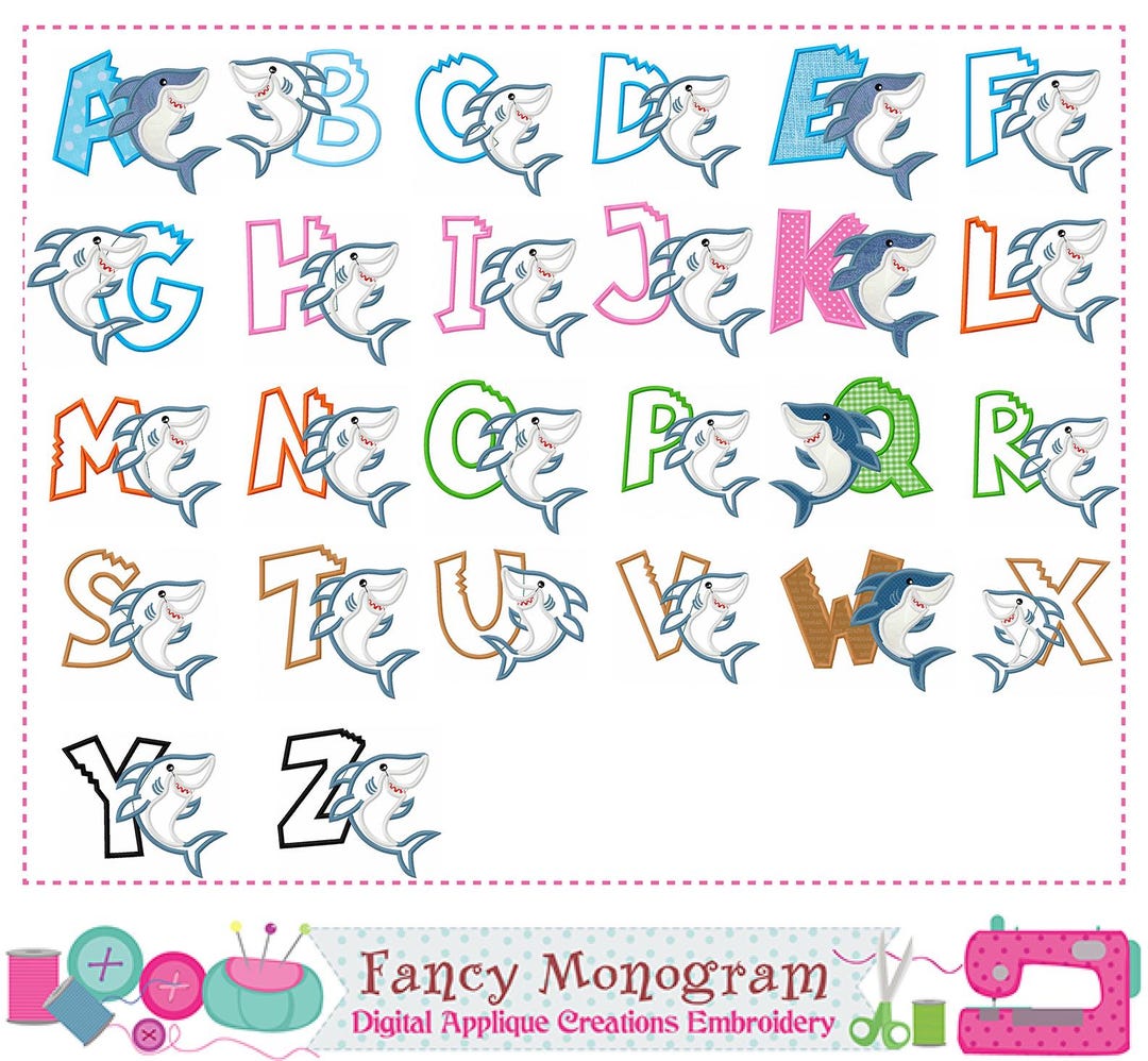 Shark Font Monogram Applique - Embroidery Design for Beach Lovers ...