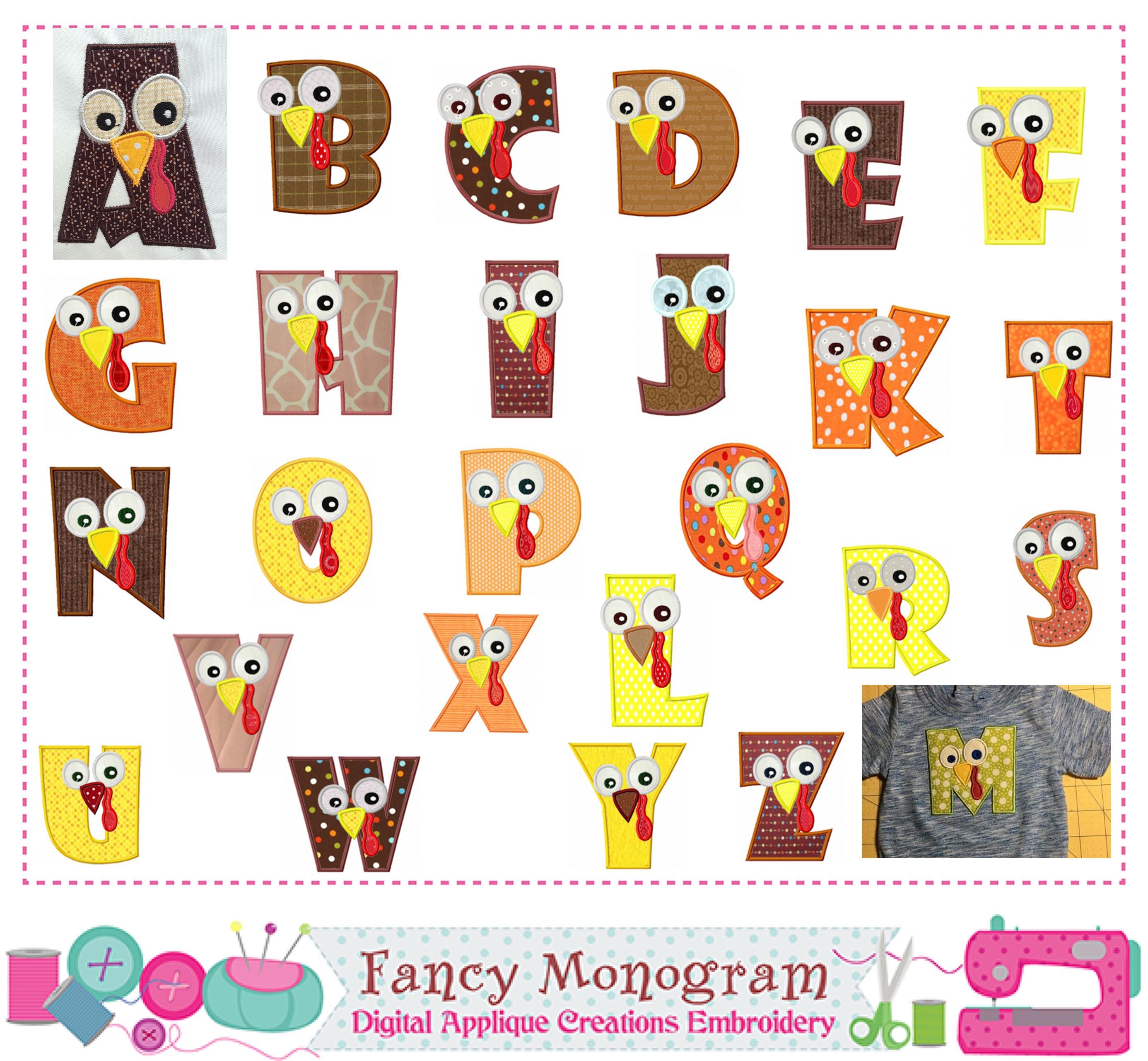 Thanksgiving Turkey Alphabet Monogram: Machine Embroidery Applique ...