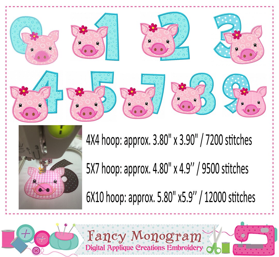 Piggy Numbers Applique Birthday Numbers Embroidery Piggy Applique Piggy ...