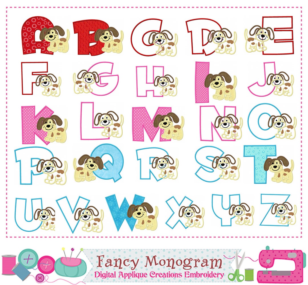 Puppy Dog Letters Monograms Applique Embroidery Design Animal Birthday ...