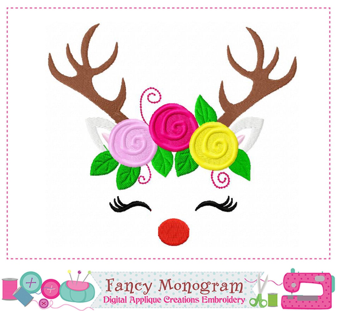 Machine Embroidery Rose Reindeer Design, Christmas Applique Embroidery ...