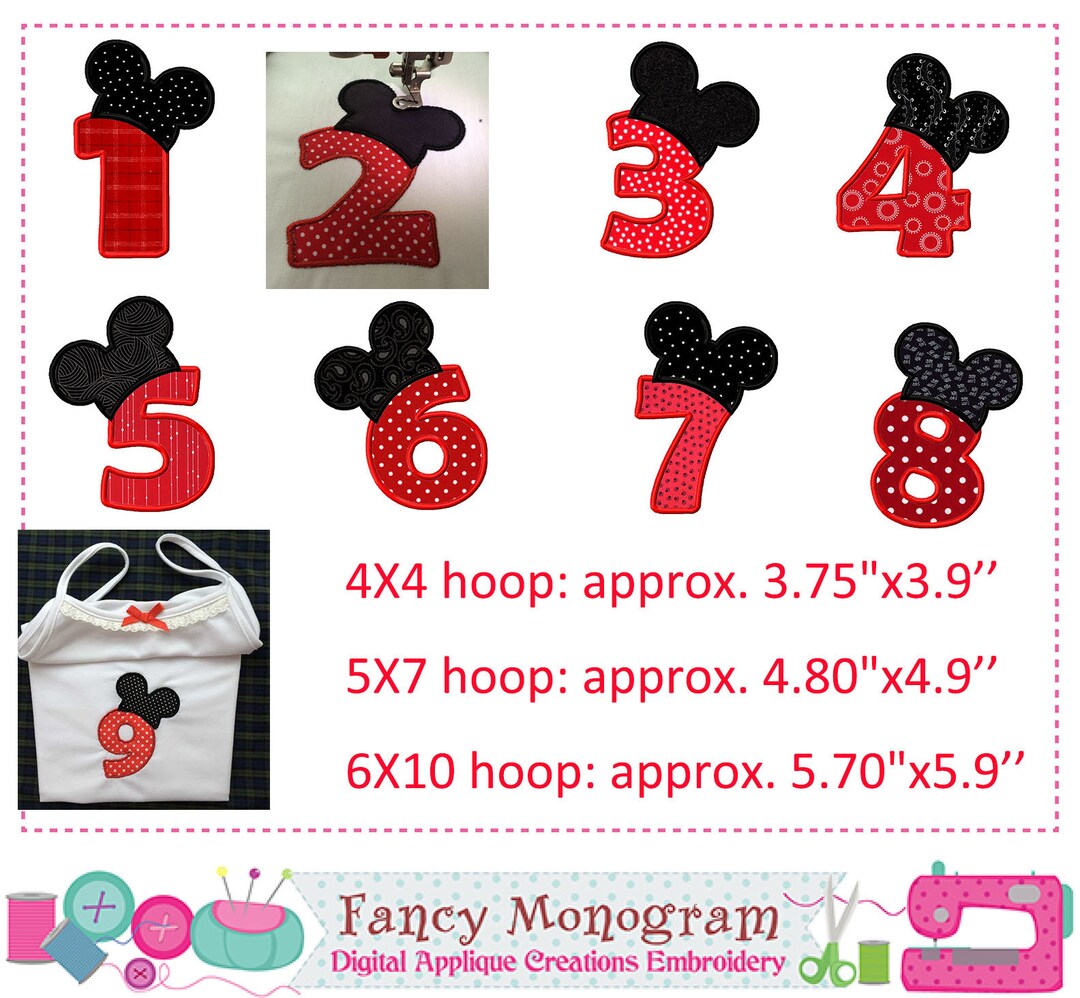 Mickey Mouse Birthday Applique Embroidery - Machine Stitched Numbers ...