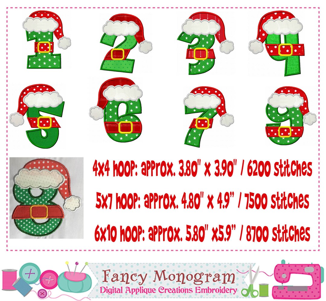 Santa Claus Numbers Applique Christmas Numbers Embroidery Santa Claus ...