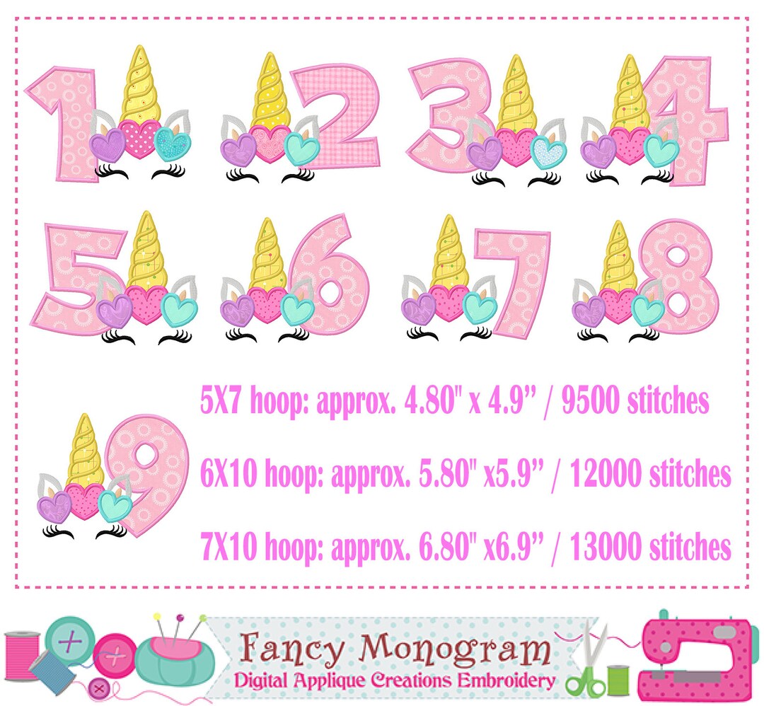 Machine Embroidery Numbers Unicorn Applique, Birthay Numbers Applique ...