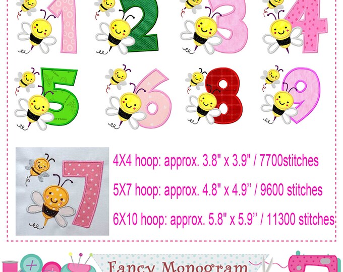 Instant Download Bee Numbers 1-9 Applique Machine Embroidery Design NO ...