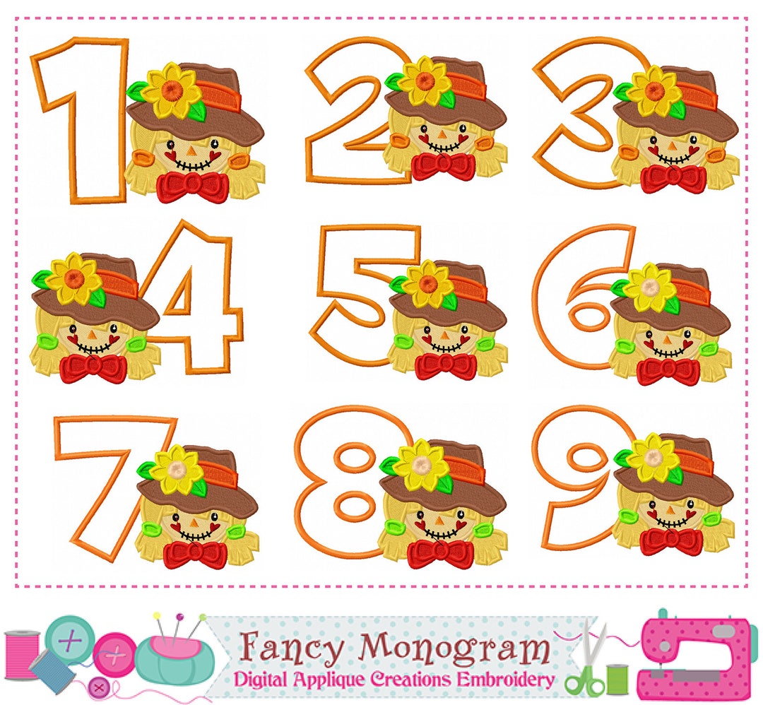 Scarecrow Number Applique Embroidery Design: Fall Thanksgiving (digital ...