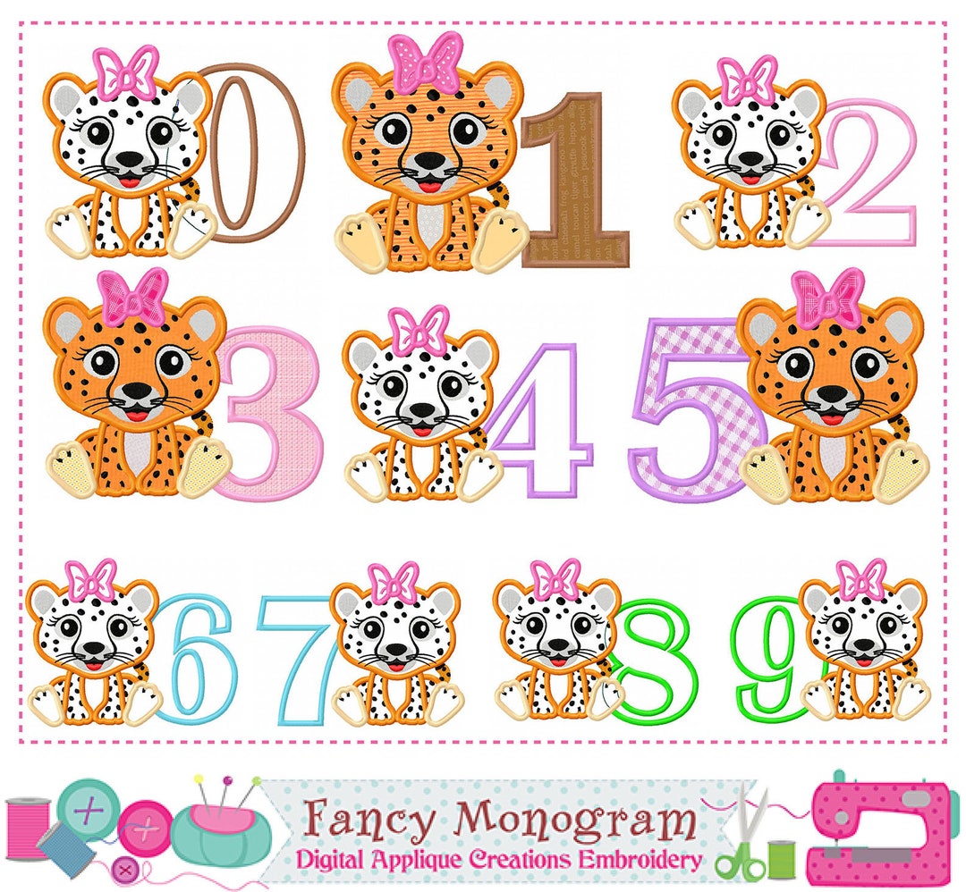 Wild Leopard Applique Numbers - Embroidery Bow Design With Numbers in ...