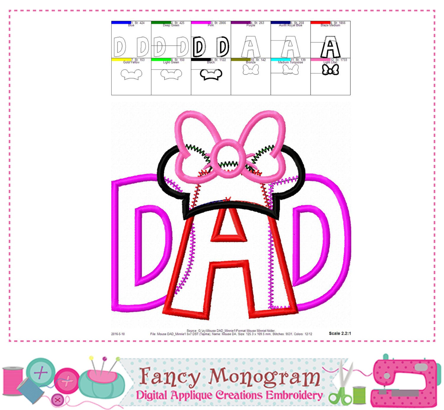 DAD Applique Father's Day Minnie Applique Father's Day DAD Embroidery ...