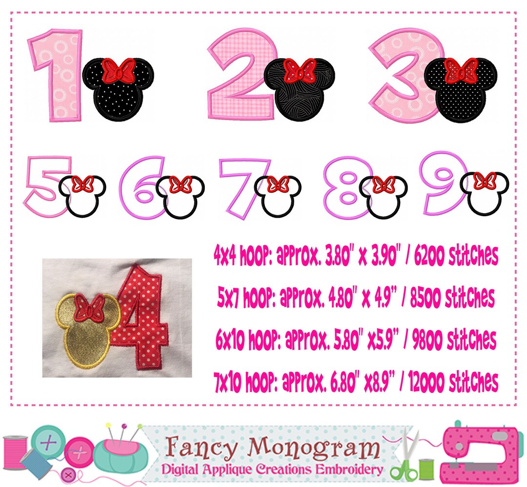 Minnie Mouse Birthday Numbers Applique Embroidery Design - Bow Shirt ...