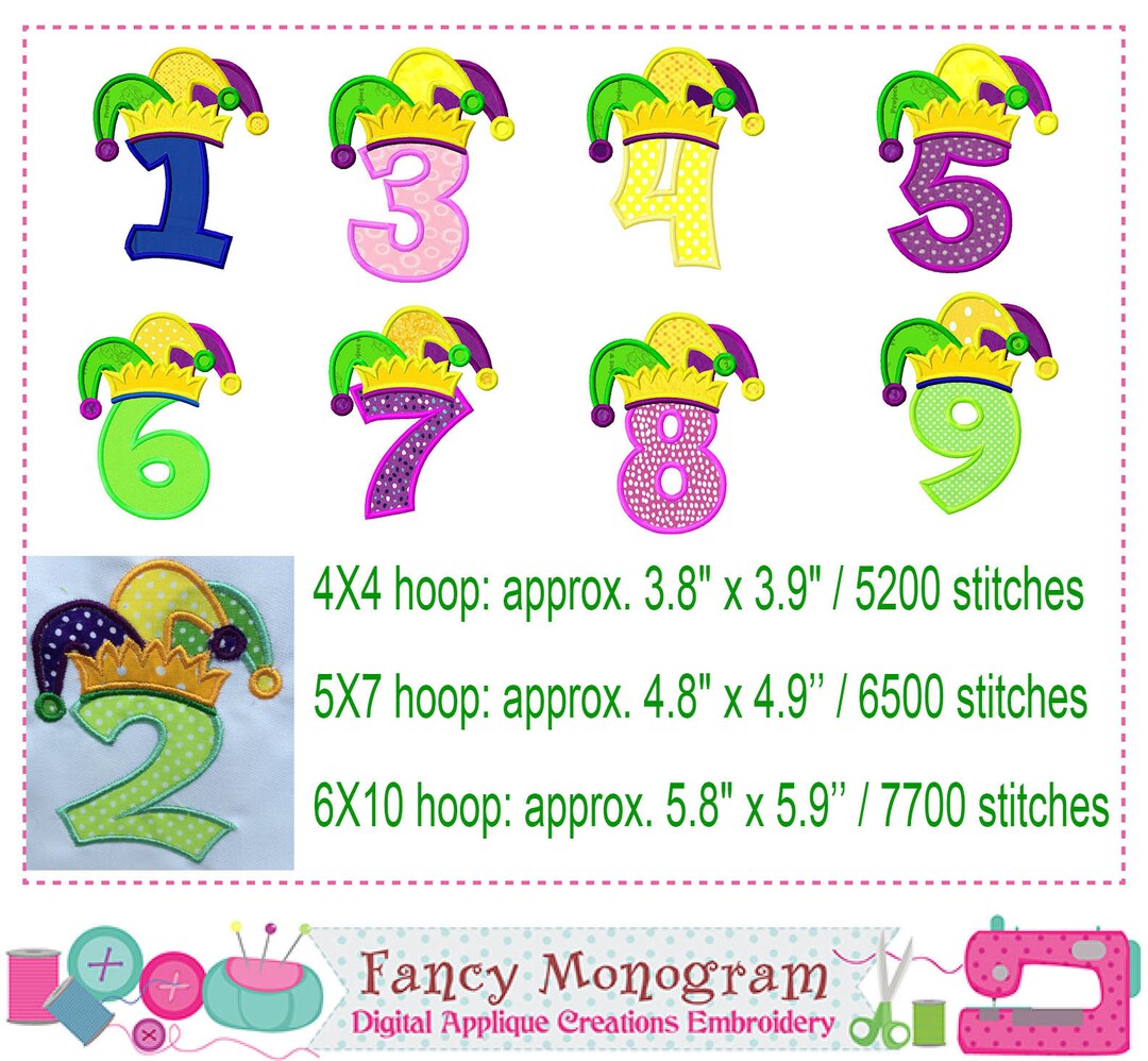 Mardi Gras Theme Applique Designs Set - Carnival Numbers, Jester Hat ...