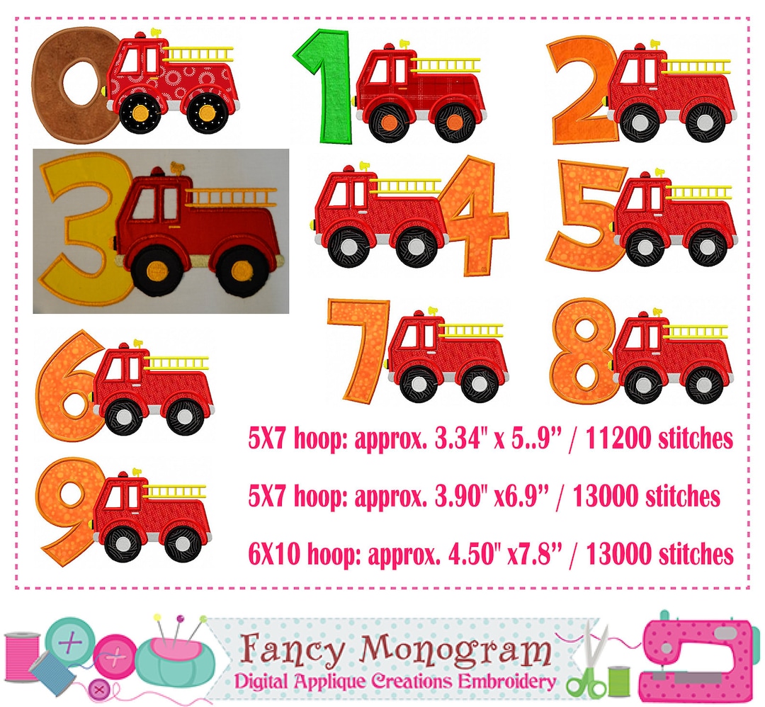 Firetruck Birthday Numbers Applique Embroidery - Machine Stitched ...