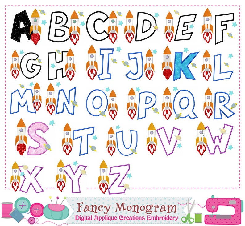 Spaceship Monogram Embroidery Font: Planet Applique Alphabet (digital ...