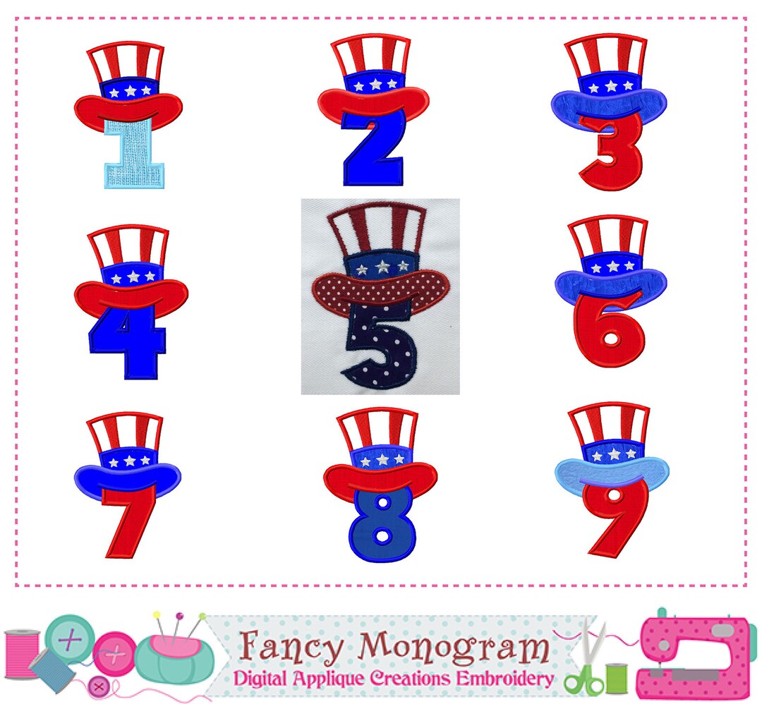 4th of July Numbers Applique Uncle Sam Hat Numbers Embrodiery Patriotic ...