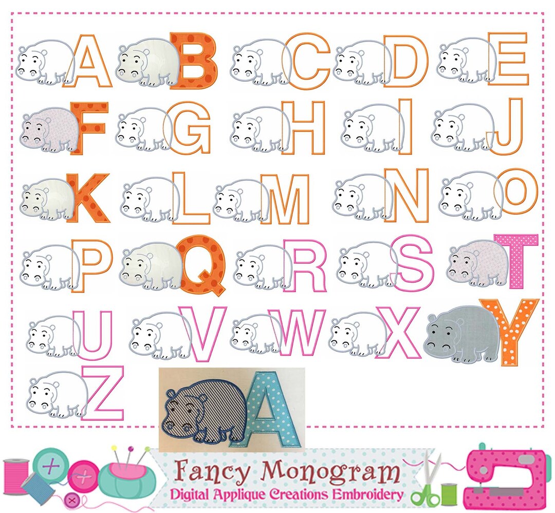 Summer Hippo Alphabet Monograms Letters Applique Embroidery Summer ...