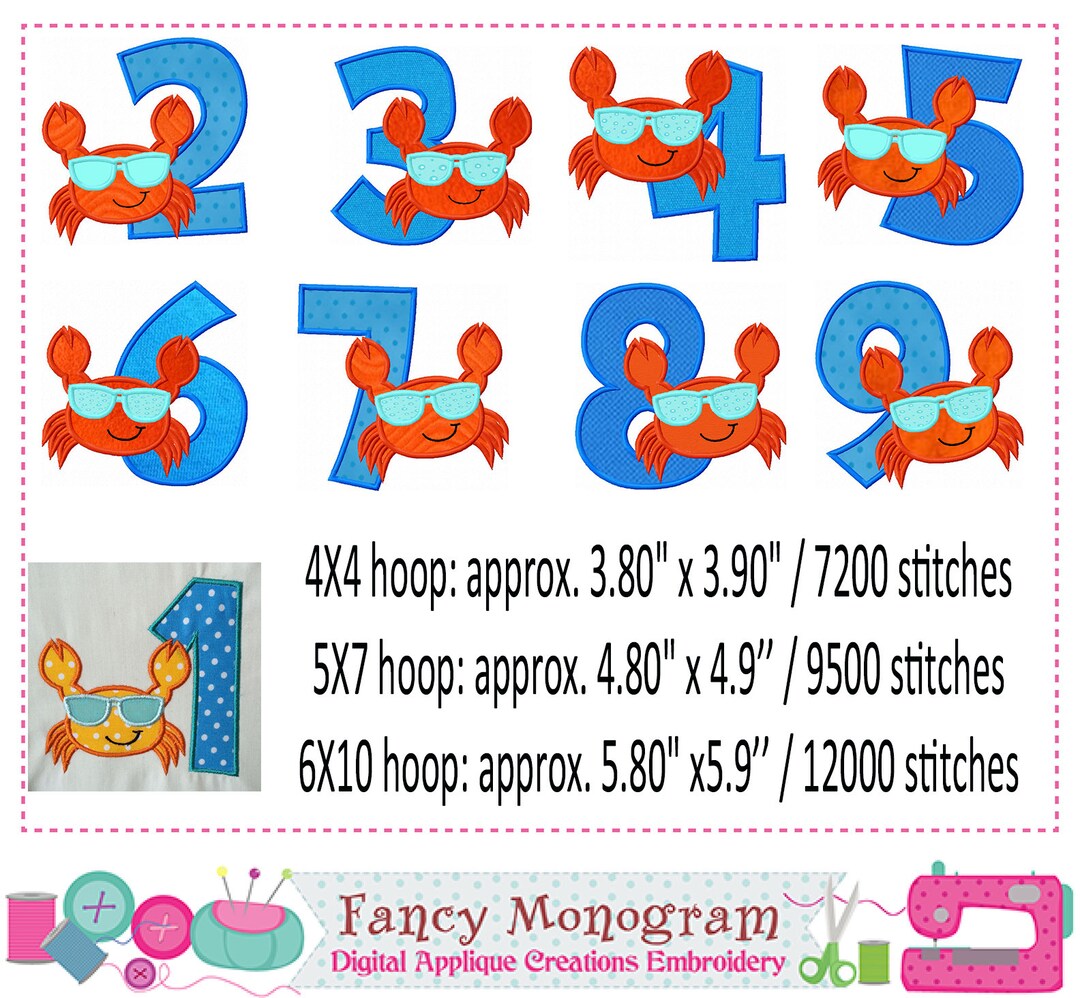 Crab Numbers Applique Summer Beach Numbers Embroidery Sea Animal ...