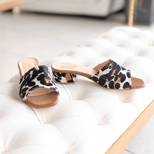 Open Toe Animal Print Mules , Leather Cow Mules Open Toe Square Toe 3,5 ...