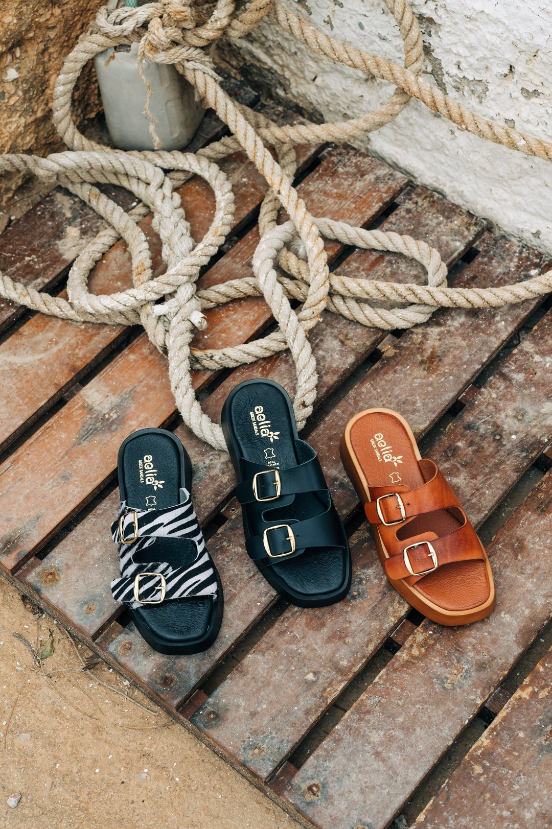 Black and White Zebra Print Double Buckle Flatform Handmade Slides ...
