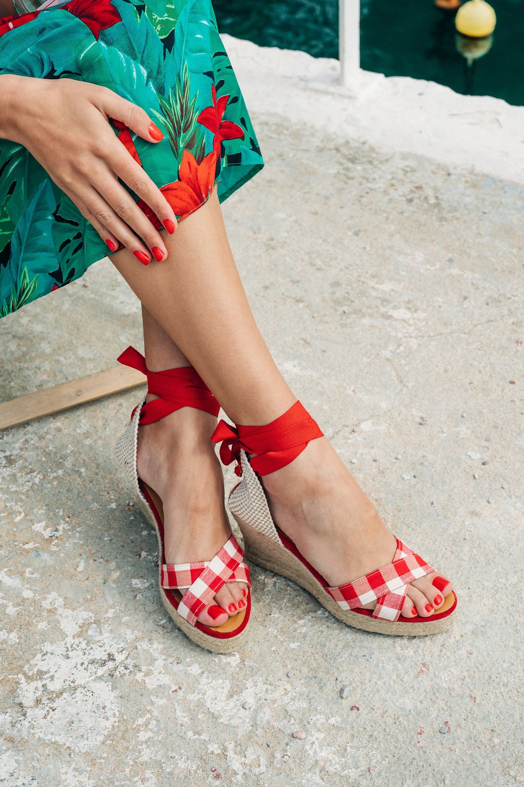 Red Checked Espadrille Wedges Crossed Wedges Open Toe Espadrilles ...