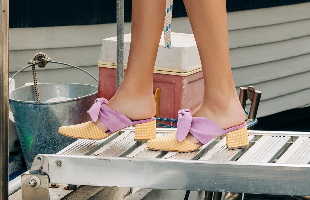 Handmade Greek Yellow Plaid Mules With Lilac Suede Bow - Medium Block ...