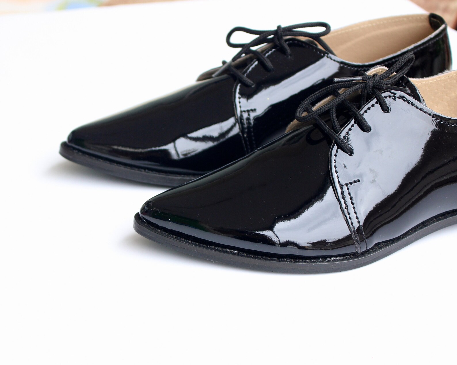 Vegan Pointed Oxford Women Shoes Black Shoes Shiny Vegan Flat - Etsy