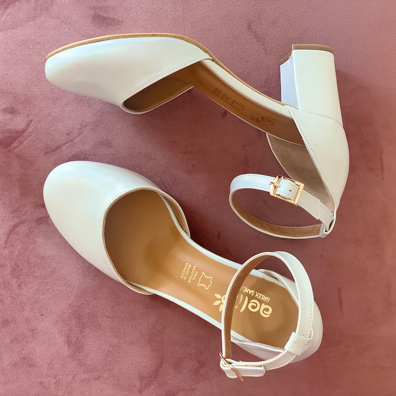 White Block Heel Handmade With Vegan Pearl Leather, Women Wedding Shoes ...