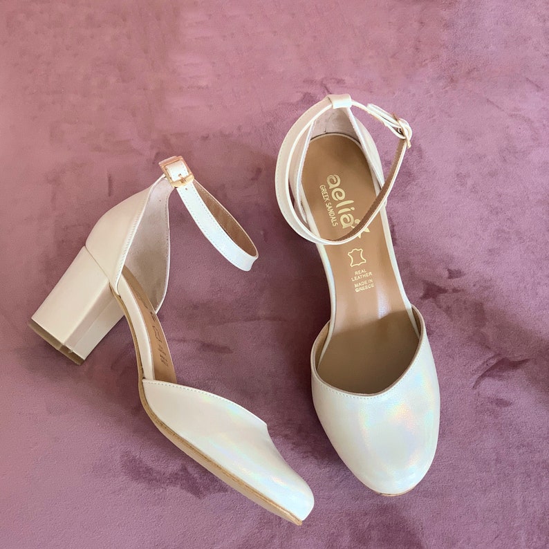 White Block Heel Handmade With Vegan Pearl Leather, Women Wedding Shoes ...