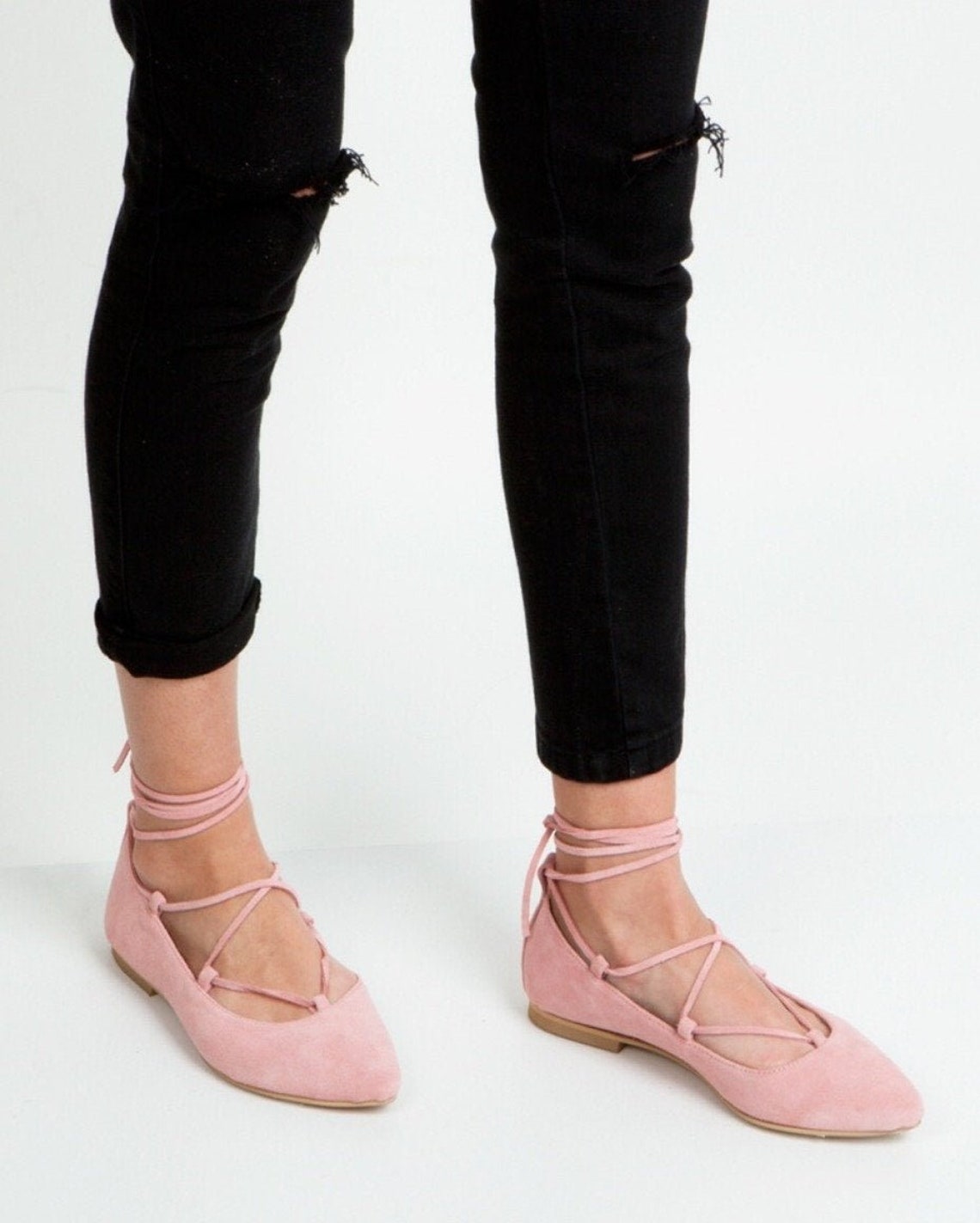 Lace up Pointed Toe Women Shoes Flats in Baby Pink Color - Etsy