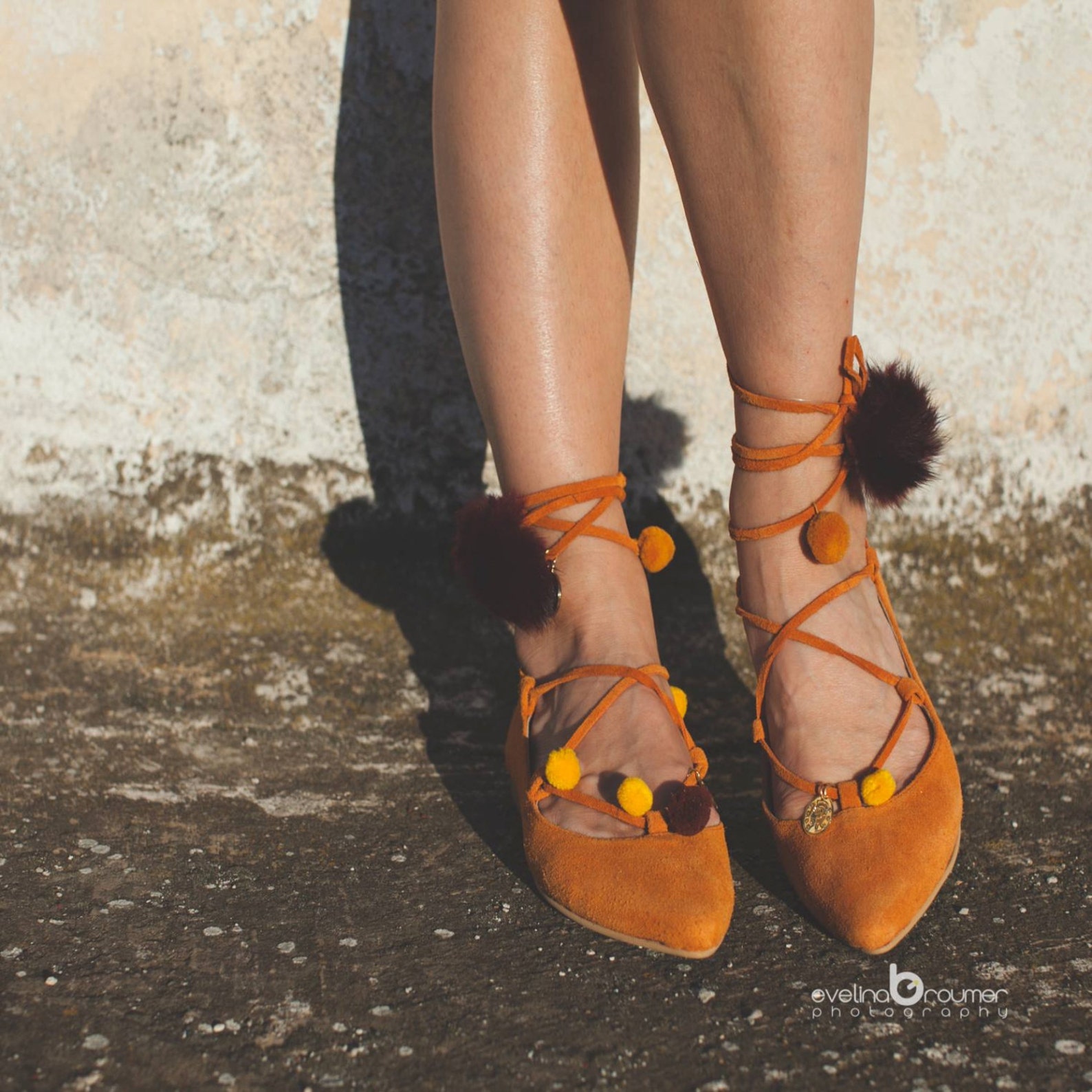 Aelia/lace Up/pointed Toe Flats/orange Camel /greek - Etsy