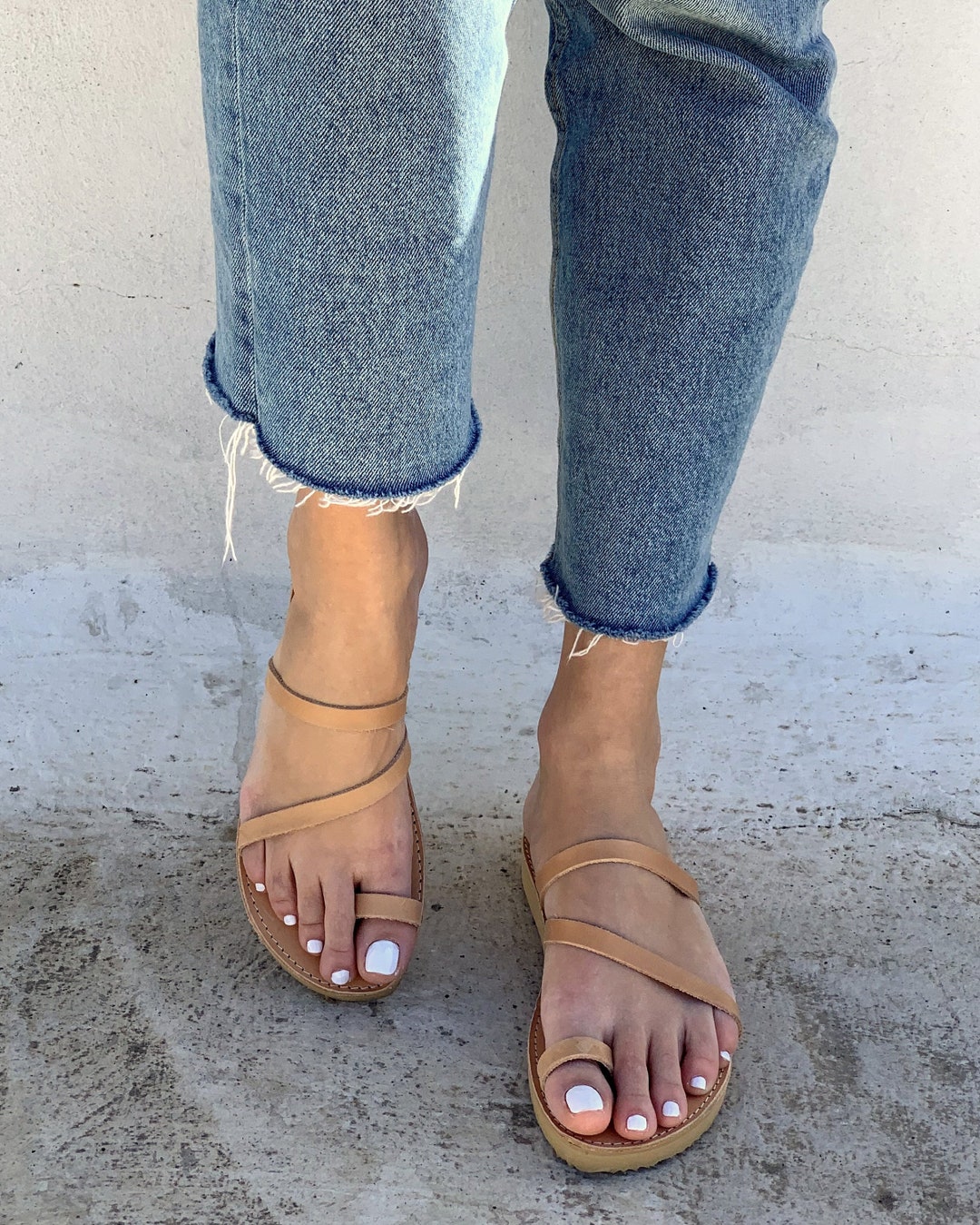 Toe Ring Sandals in Natural Tan Color Rubber Sole.handmade in Greece ...