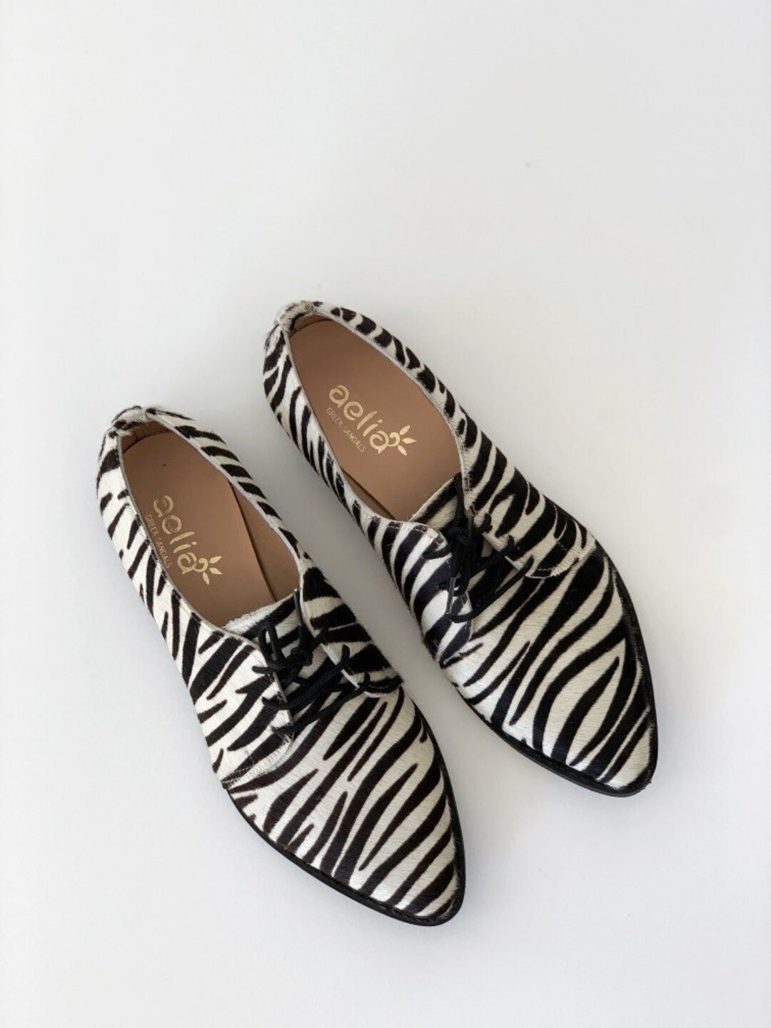 Black and White Pointed Oxford With Zebra Print, Derby Flats Shoes for ...