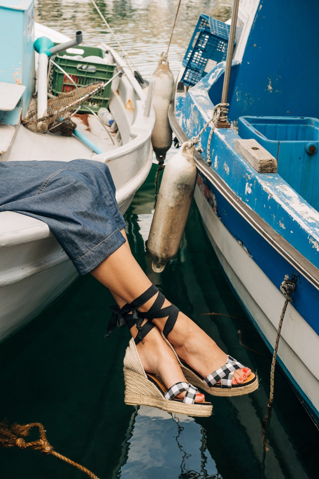Black Checked Espadrille Wedges Crossed Wedges Open Toe Espadrilles ...