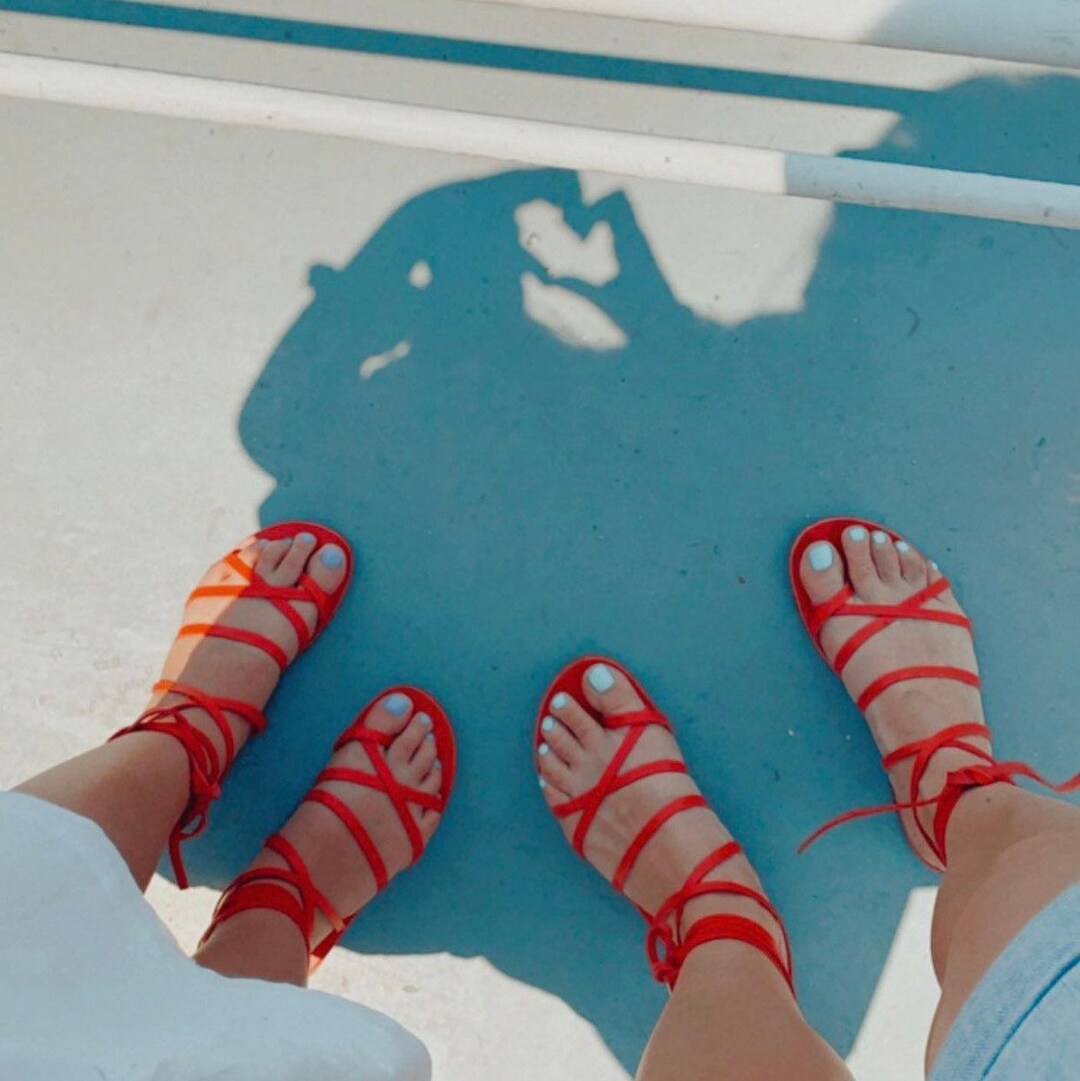 Red Hot Leather Sandals. Made in Greece Strappy Lace up Sandals in ...