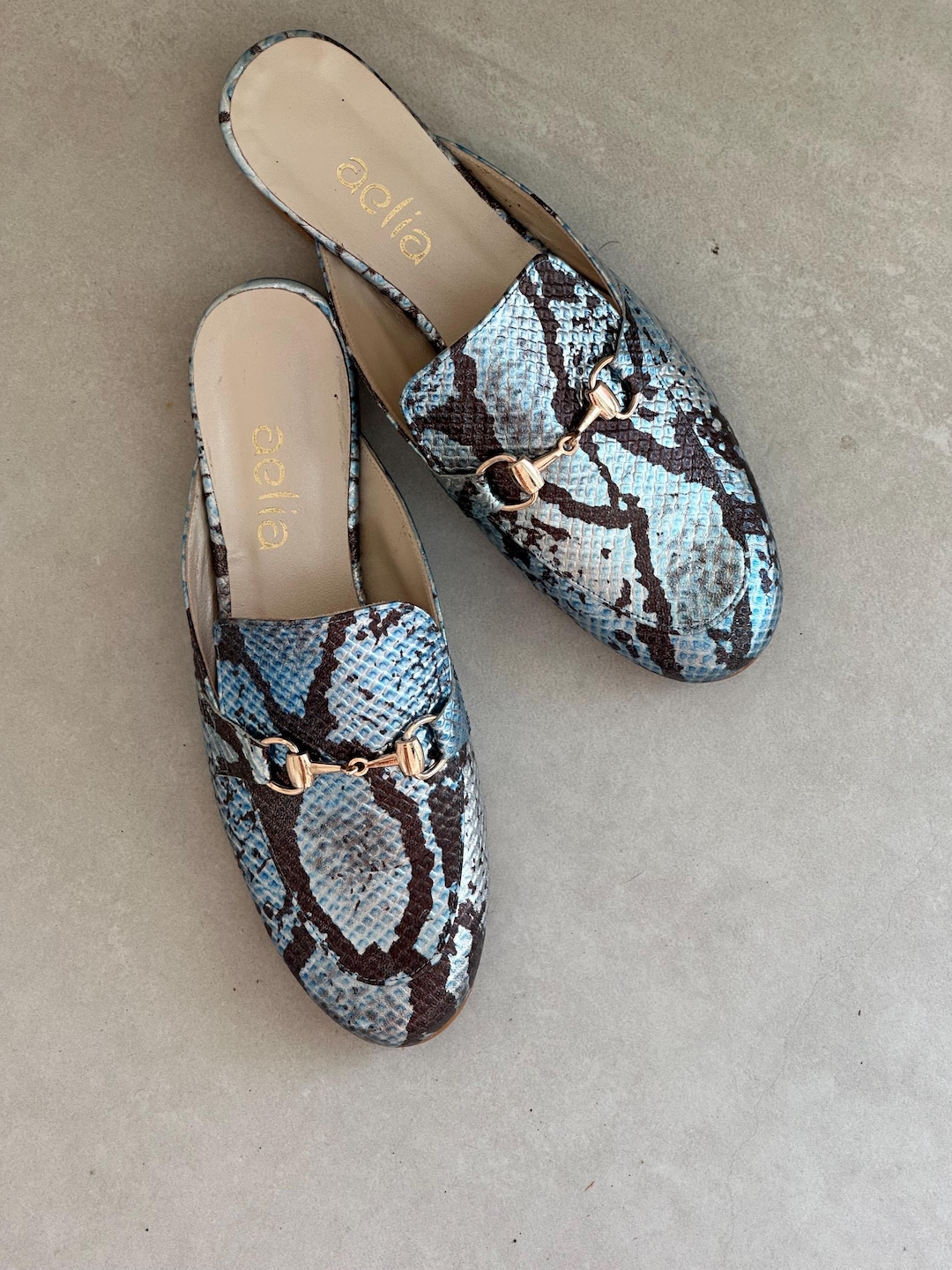 Blue Stamp Snake Leather Mules, Handmade Slides Blue Shiny Open Heel ...