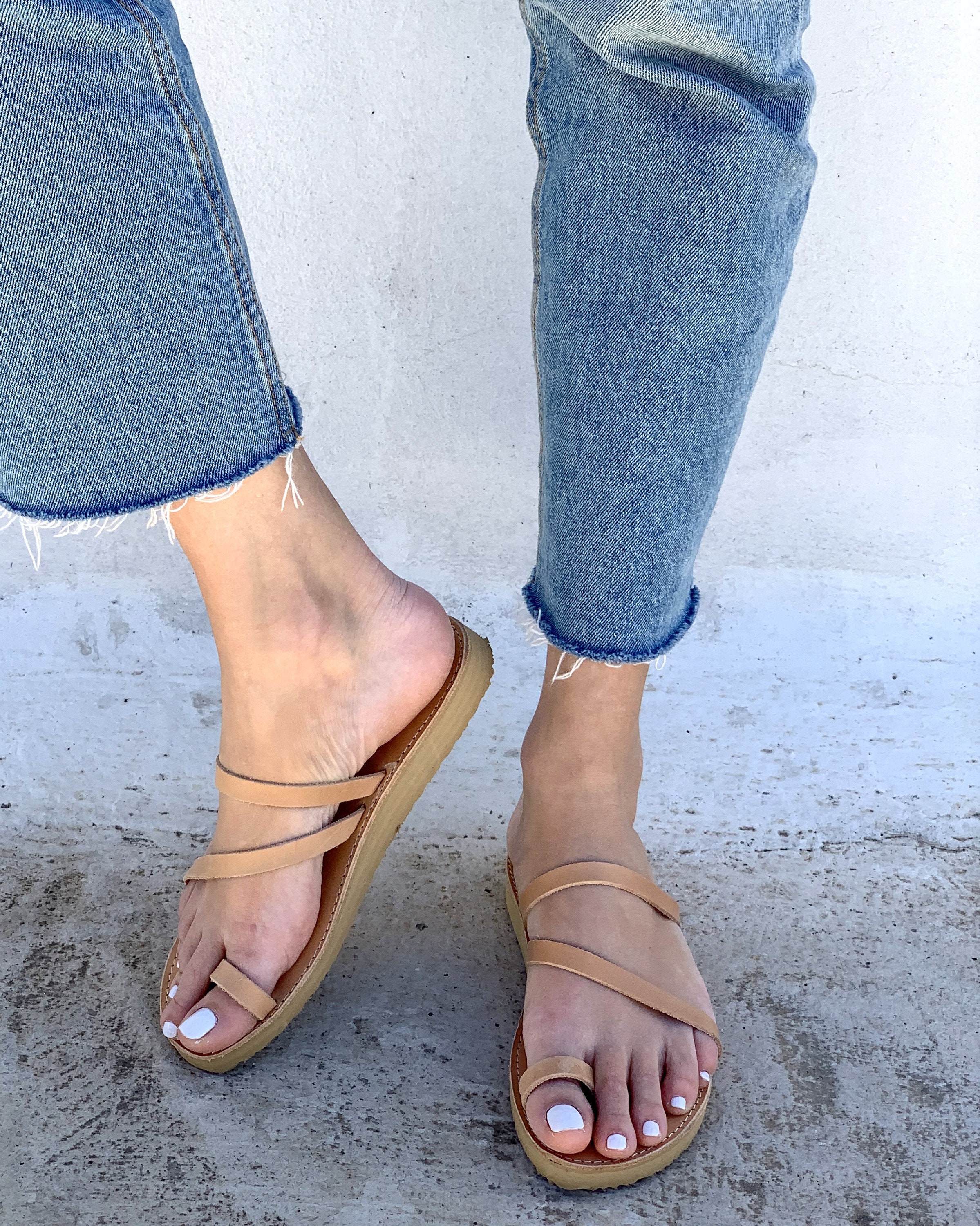 toe ring sandals in natural tan color rubber sole.Handmade in Greece ...