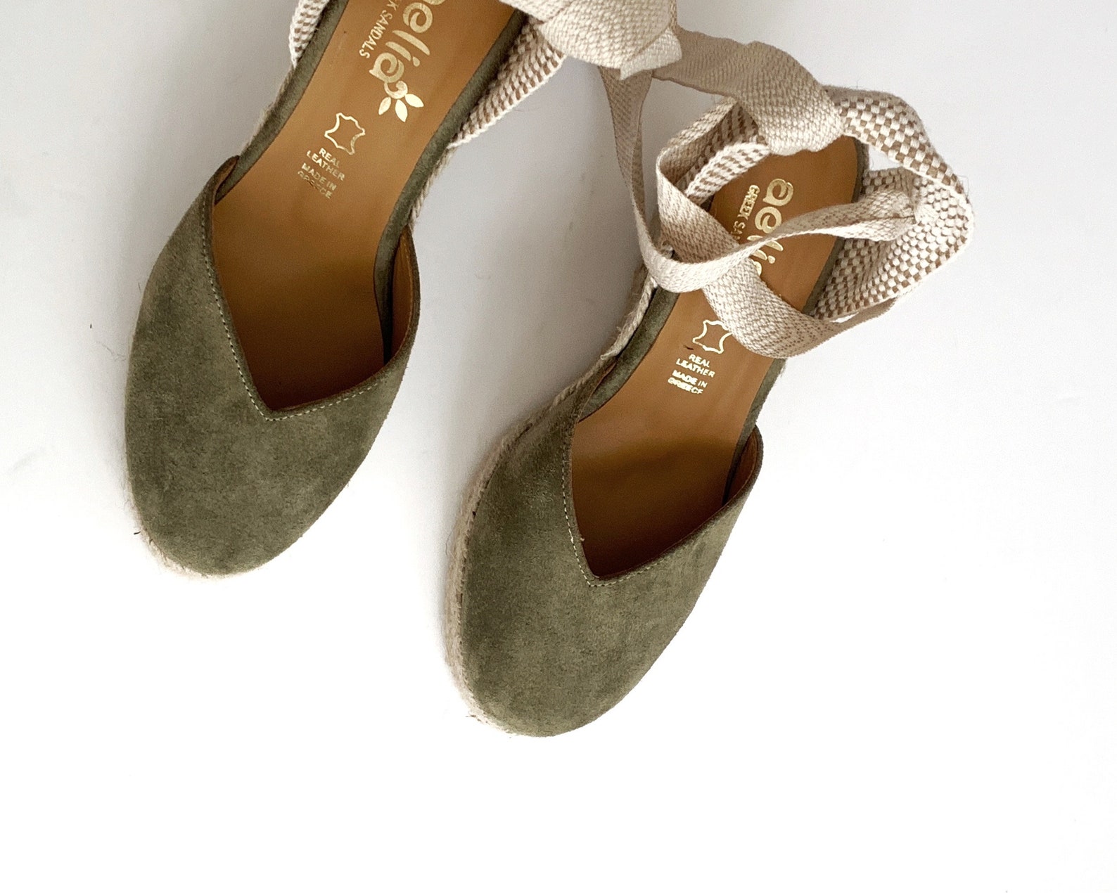 Sage Green Espadrilles Wedges With Beige Cotton Ribbon .suede Wedge ...