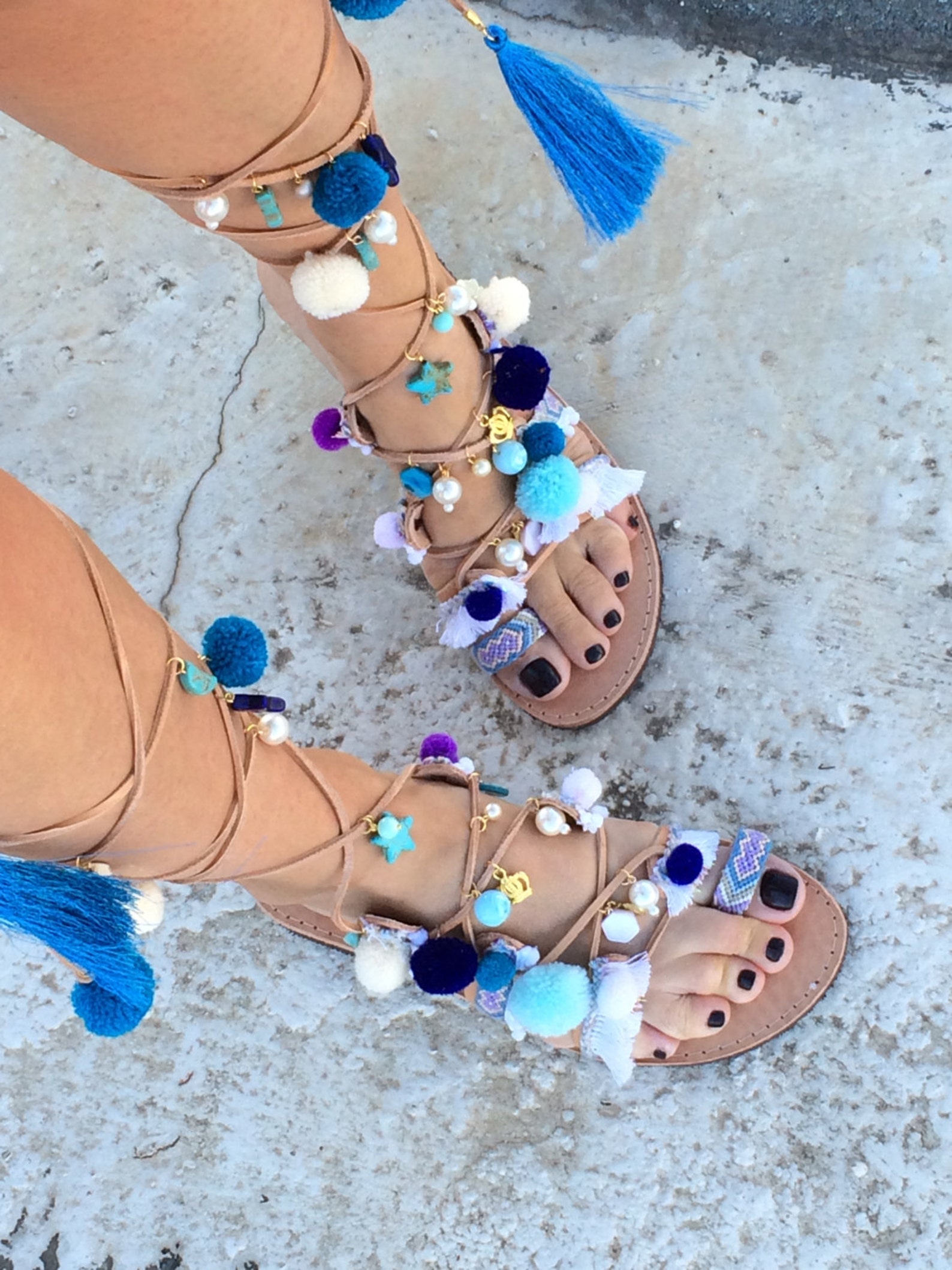 Gladiator Sandals in Blue /pom Pom/lace up Greek Sandals/ - Etsy
