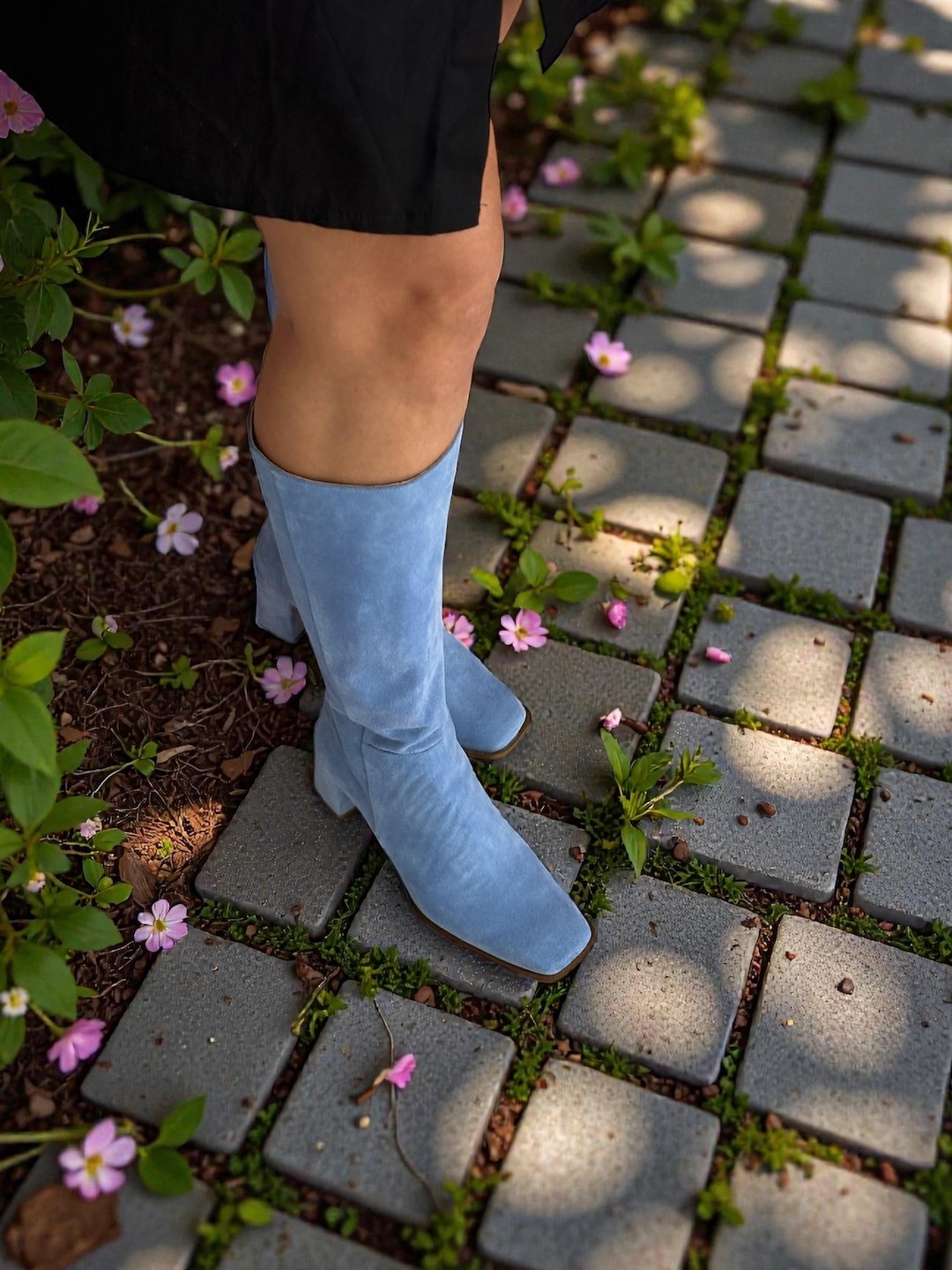 Light Blue Leather Knee-high Boots – Square Toe & 6.5 Cm Block Heel ...