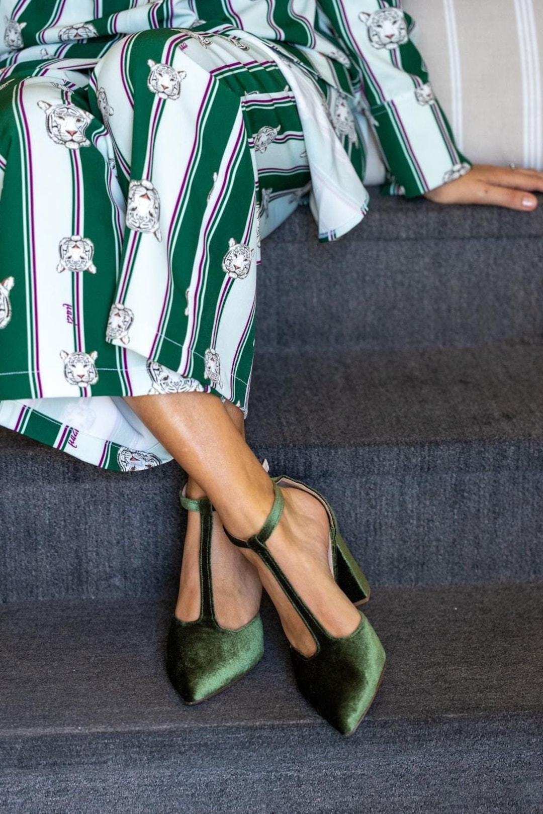 Velvet Olive Green Tango Style Woman Handmade Medium Block Heels ...