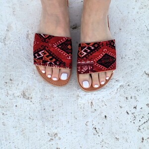 Aelia Greek Sandals Slippers With Boho Fabric /genuine Leather /woman ...