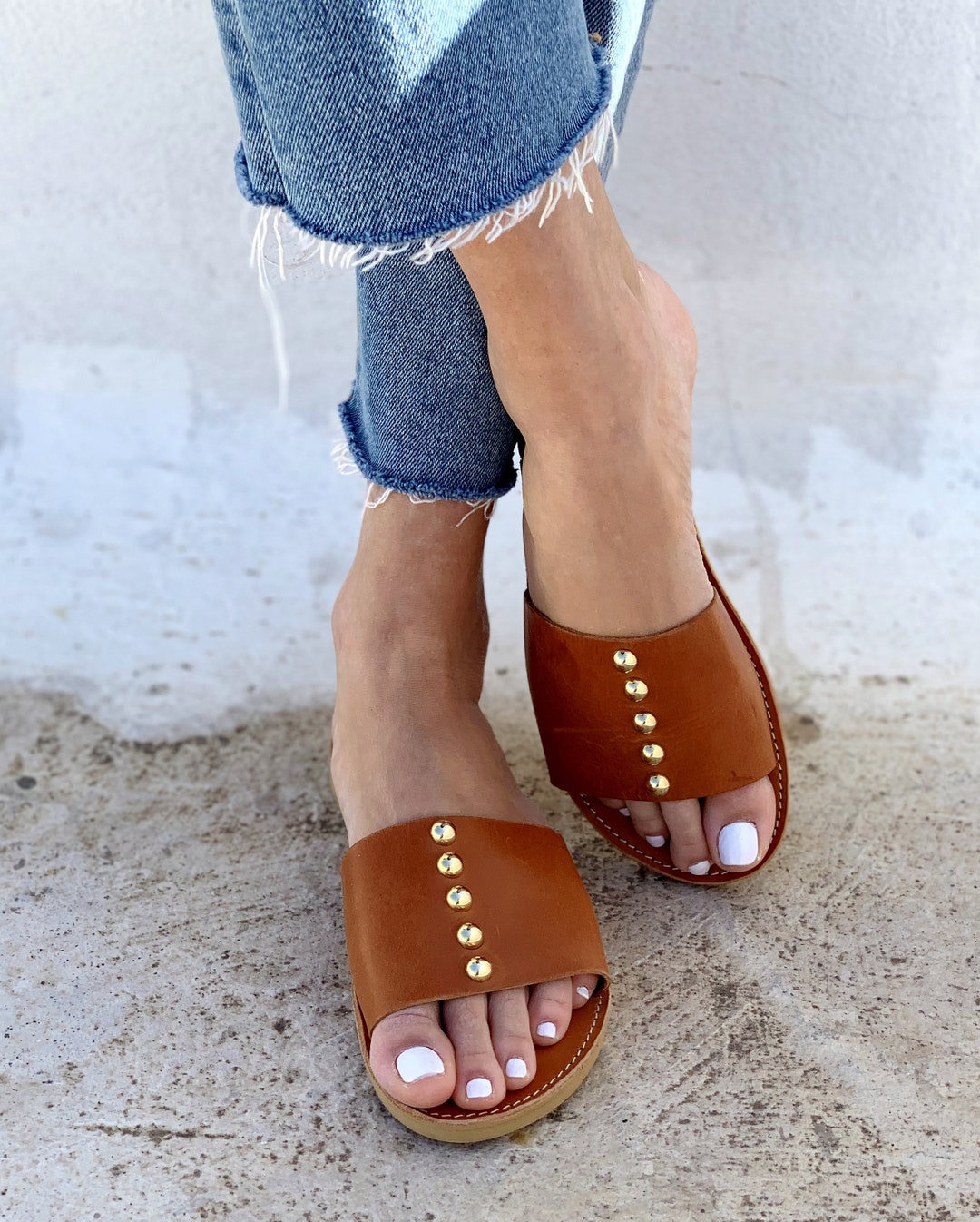 Leather Slides Tan Natural Color With Gold Studs , Made in Greece ...