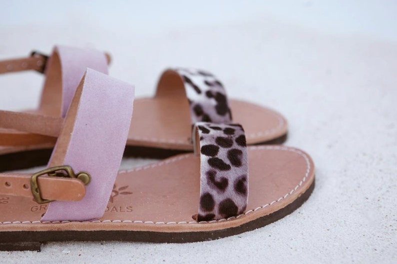 Handmade Sandals With Genuine Leather Light Pink Suede and Animal Print ...