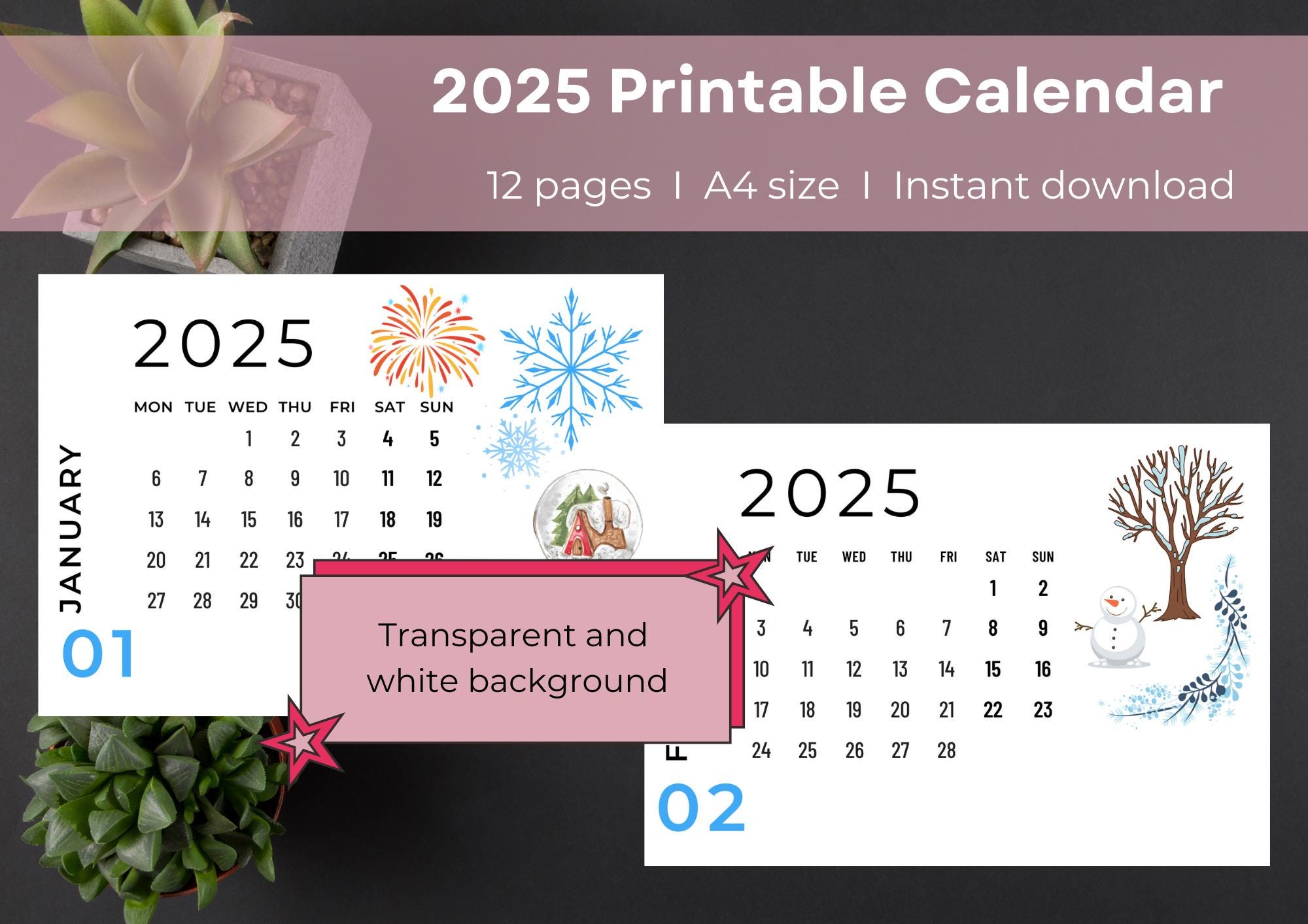 Calendar 2025, Printable Download, Desk and Wall Printable Calendar ...