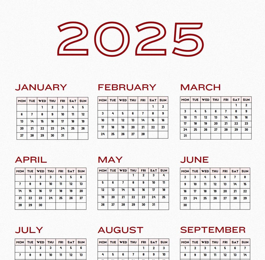Calendar 2025, Calendar PNG, 2025 Calendar, Printable Calendar, Instant ...