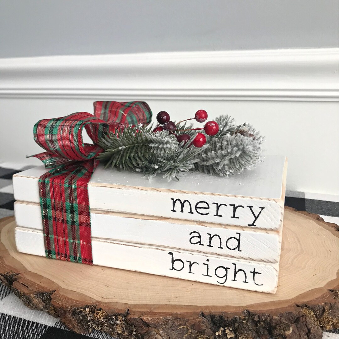 Christmas Book Stack, Merry and Bright Decorative Book Stack, Farmhouse ...