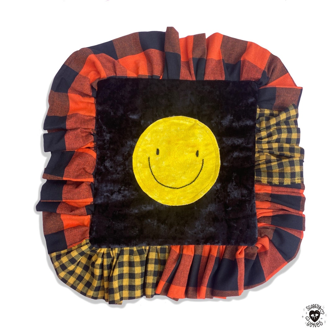 Punk Smiley Face Velvet Cushion Ruffle Trim Illustrated Design - Etsy