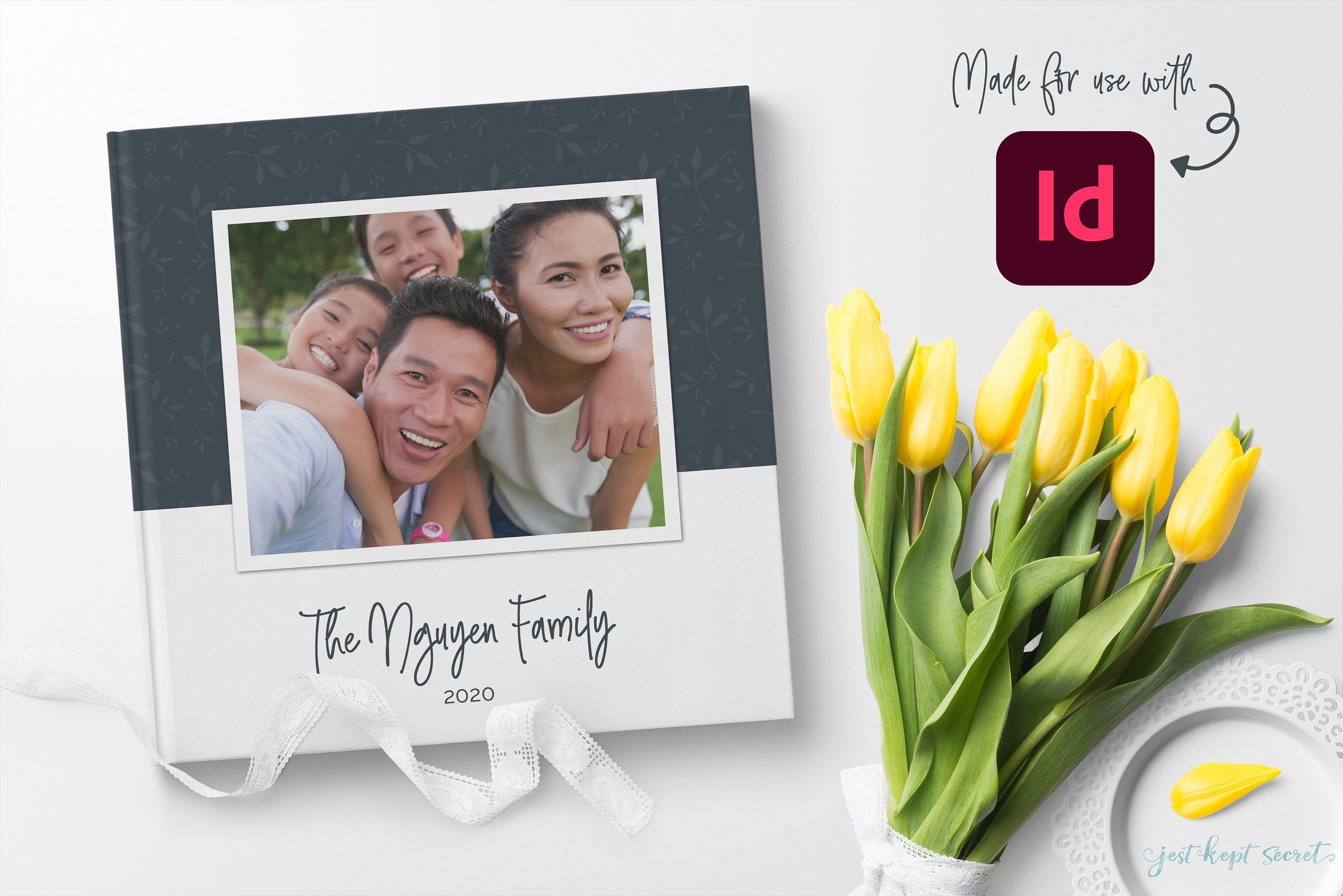 Blue Leaves 12x12 Family Yearbook Template for Indesign | Photobook ...
