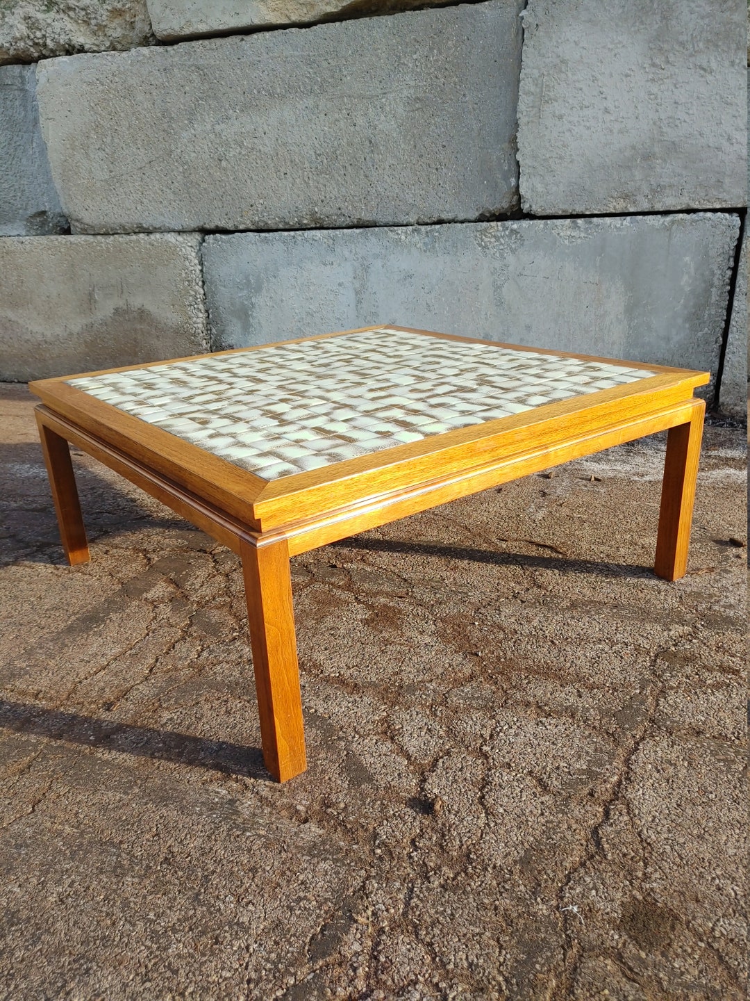 Vintage Square Ceramic Tile & Wood Coffee Table ~ Large Vintage ...