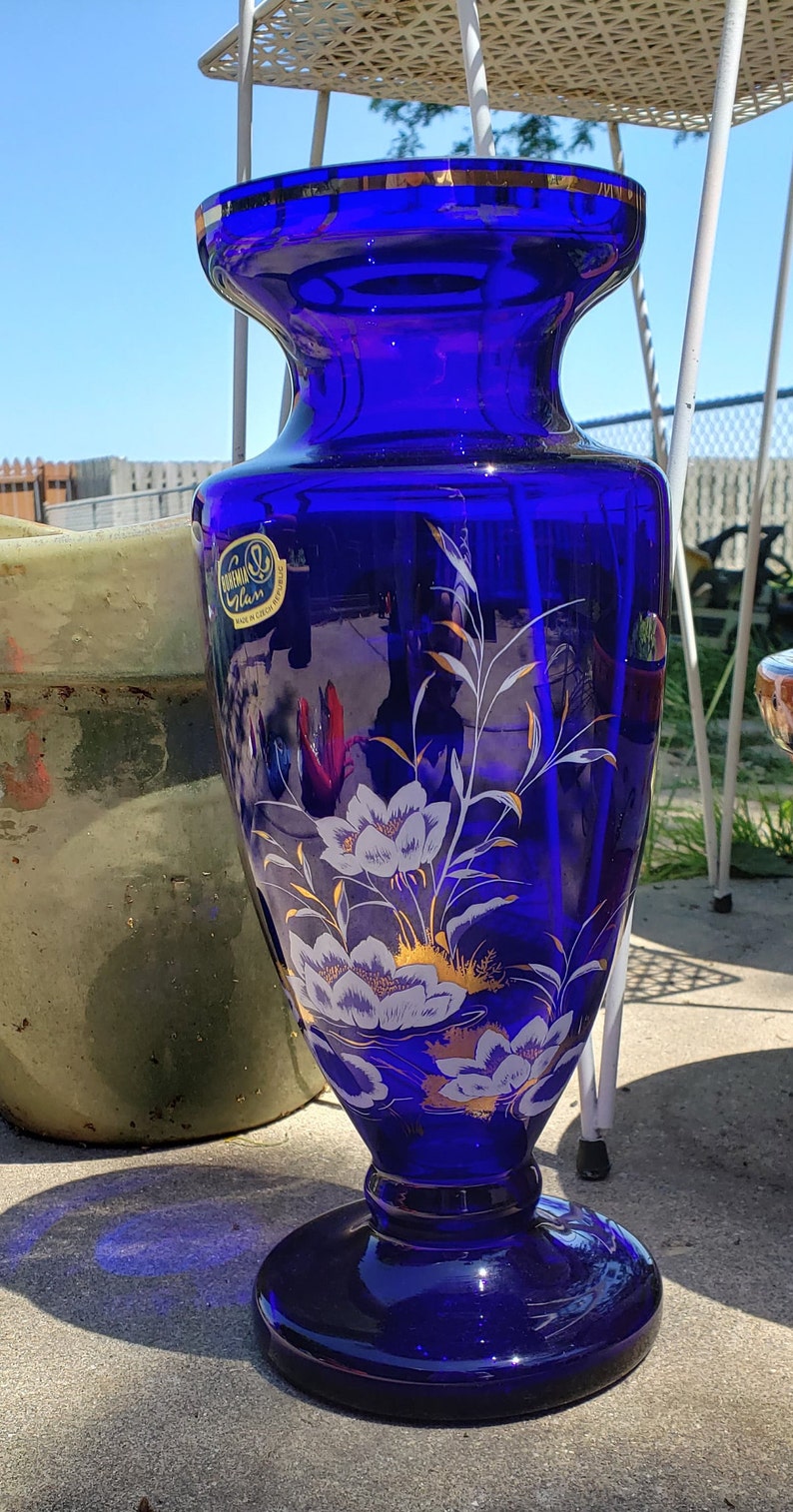 Bohemia Czech Republic Cobalt Blue Glass Vase White Water - Etsy