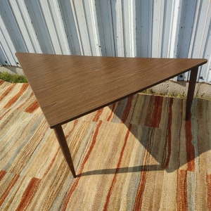 Large Danish Modern Corner Coffee Table ~ Vintage Triangular End Table ~ Woodgrain Formica ...